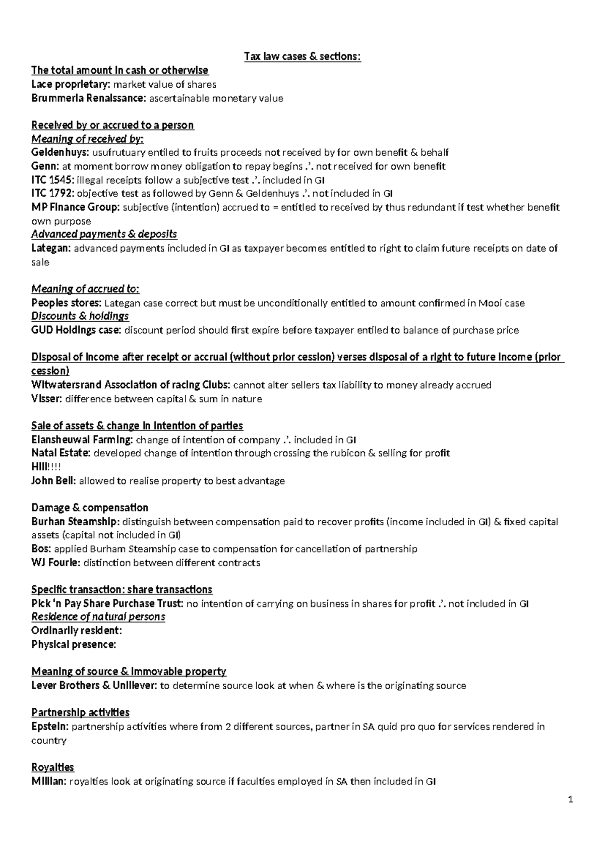 Tax Law Cases & Sections: Key Concepts & Legal Principles - Studocu