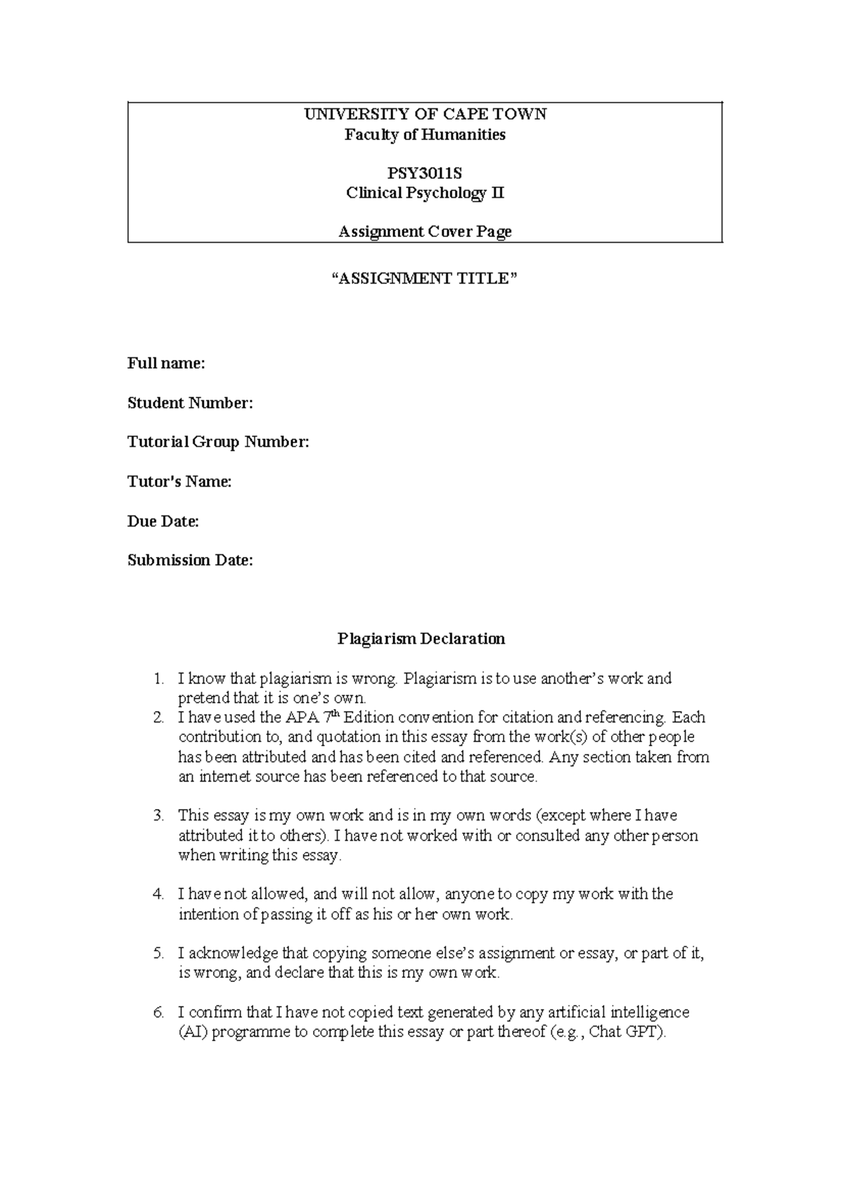 PSY3011S Clinical Psychology II Plagiarism Declaration Form - Studocu