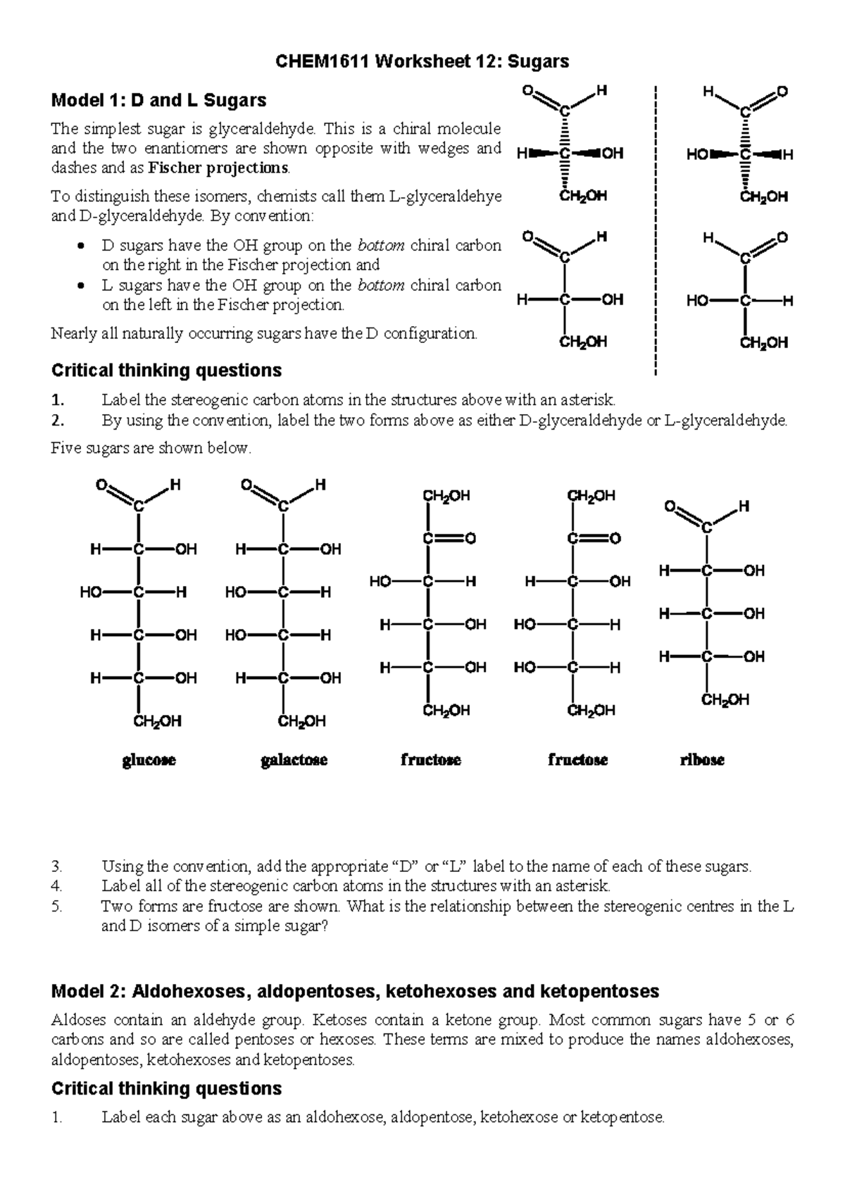 Sugars - CHEM1611 Worksheet 12: Sugars Model 1: D and L Sugars The ...