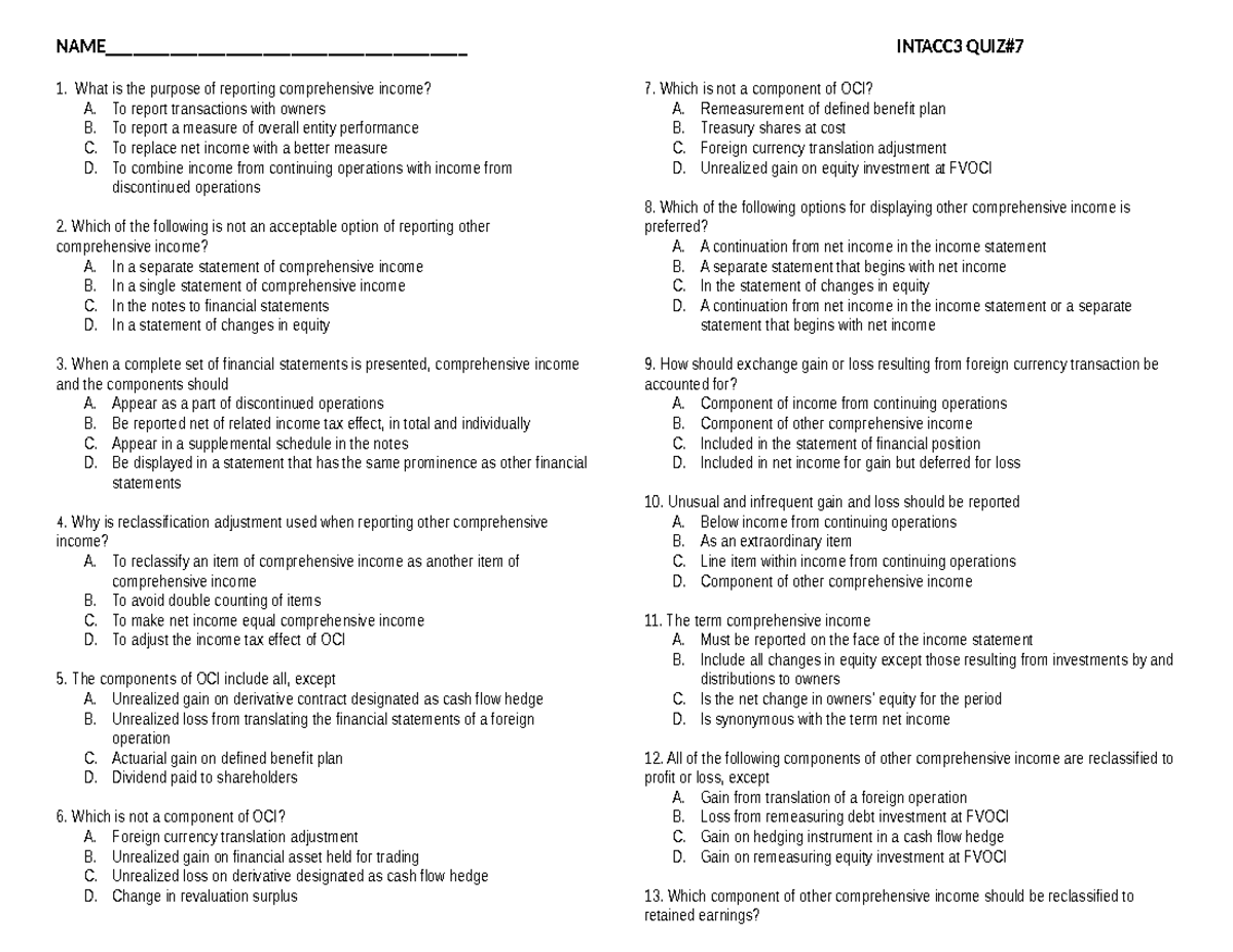 INTACC3 QUIZ #7: Income Statement Questions and Answers (30 items ...