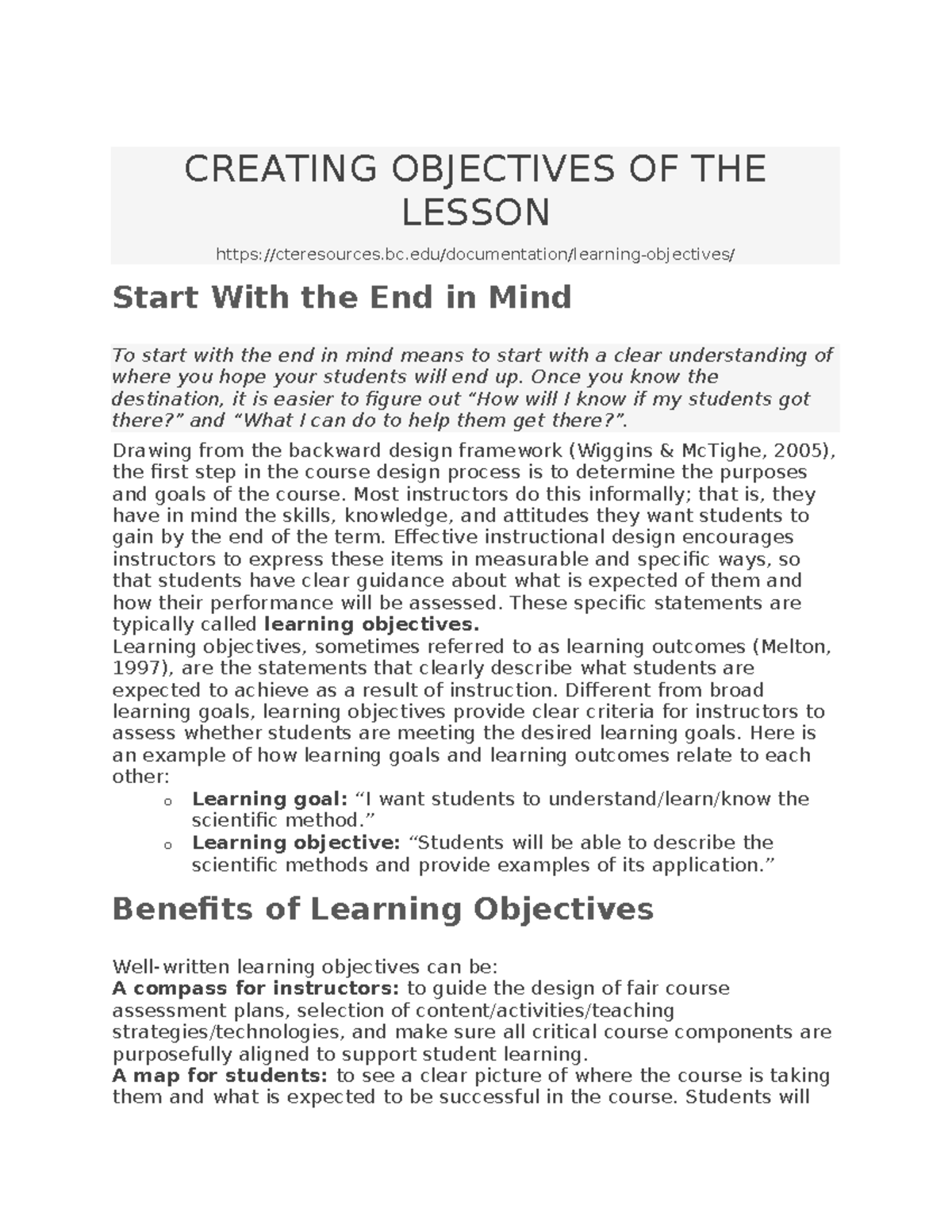 Creating Effective Learning Objectives for Lesson Design - Studocu