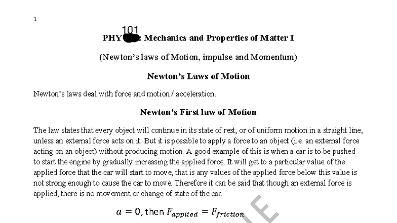 PHY 101: Review of Newton's Laws - Motion, Impulse & Momentum - Studocu