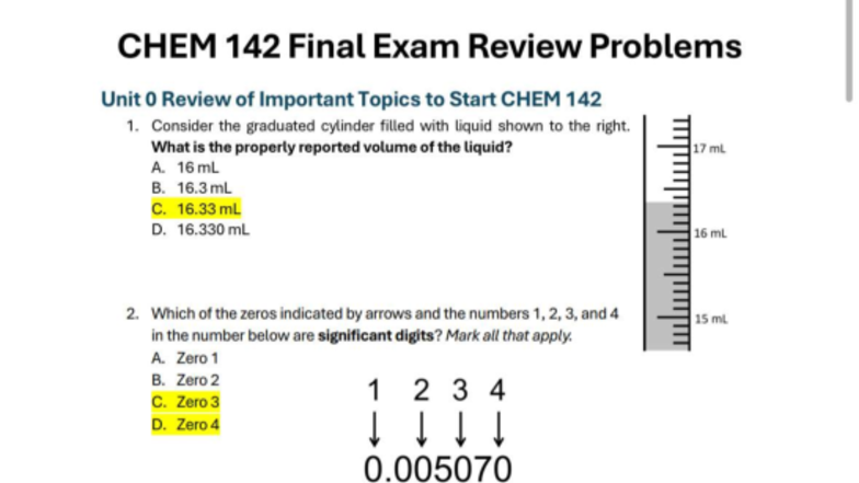 CHEM 142 Final Exam Review: Unit 0 Practice Problems - Studocu