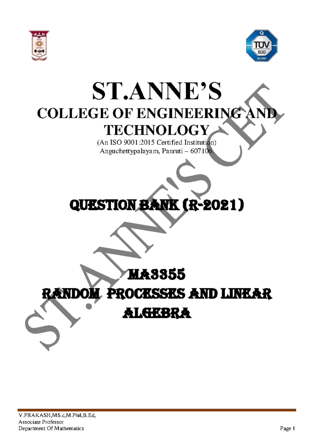 Linear Algebra Question Bank MA3355 (RPLA) for ECE Students - Studocu