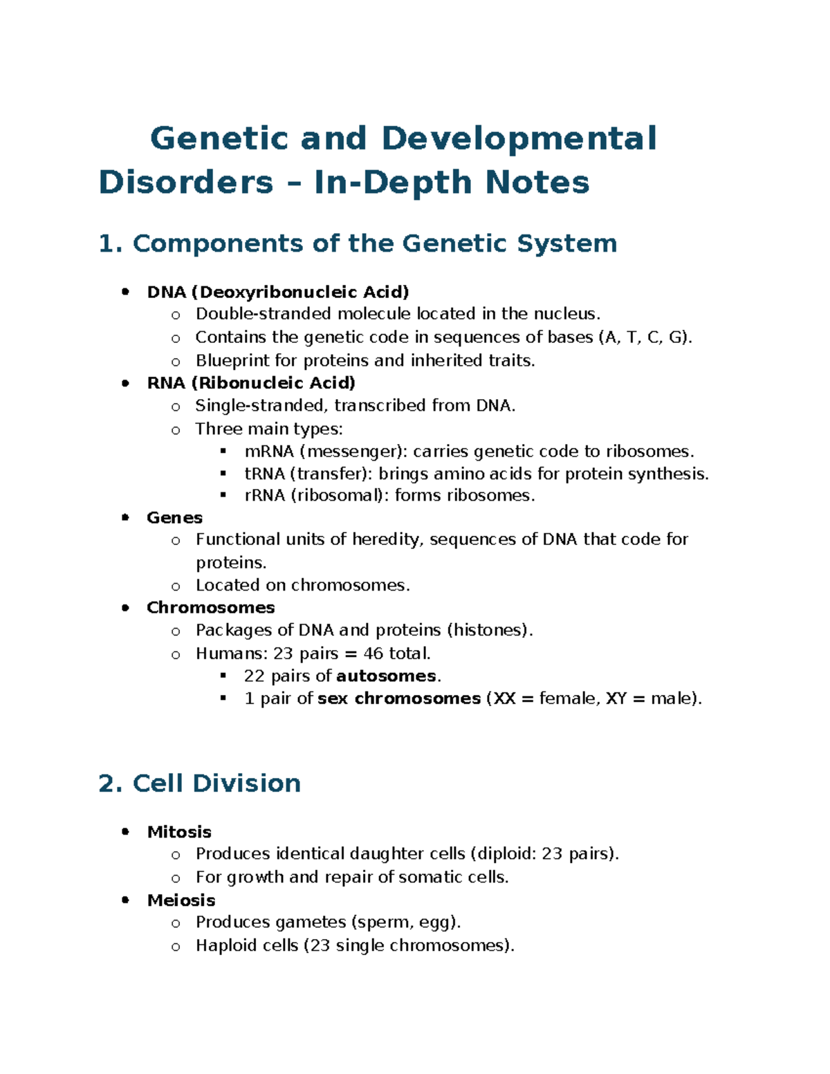 Genetic & Developmental Disorders: Comprehensive Study Guide (BIO 101 ...
