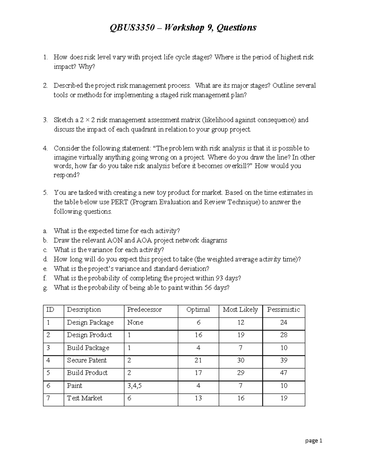 QBUS3350 S2 2025 Workshop 9 - Risk Management & PERT Analysis - Studocu