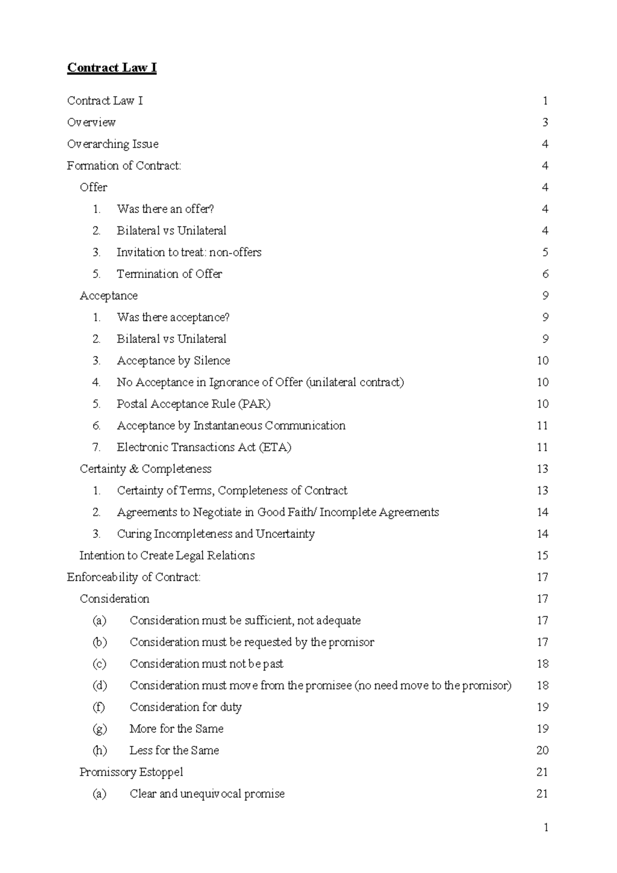 Contract Law I: Comprehensive Notes on Formation and Enforceability ...
