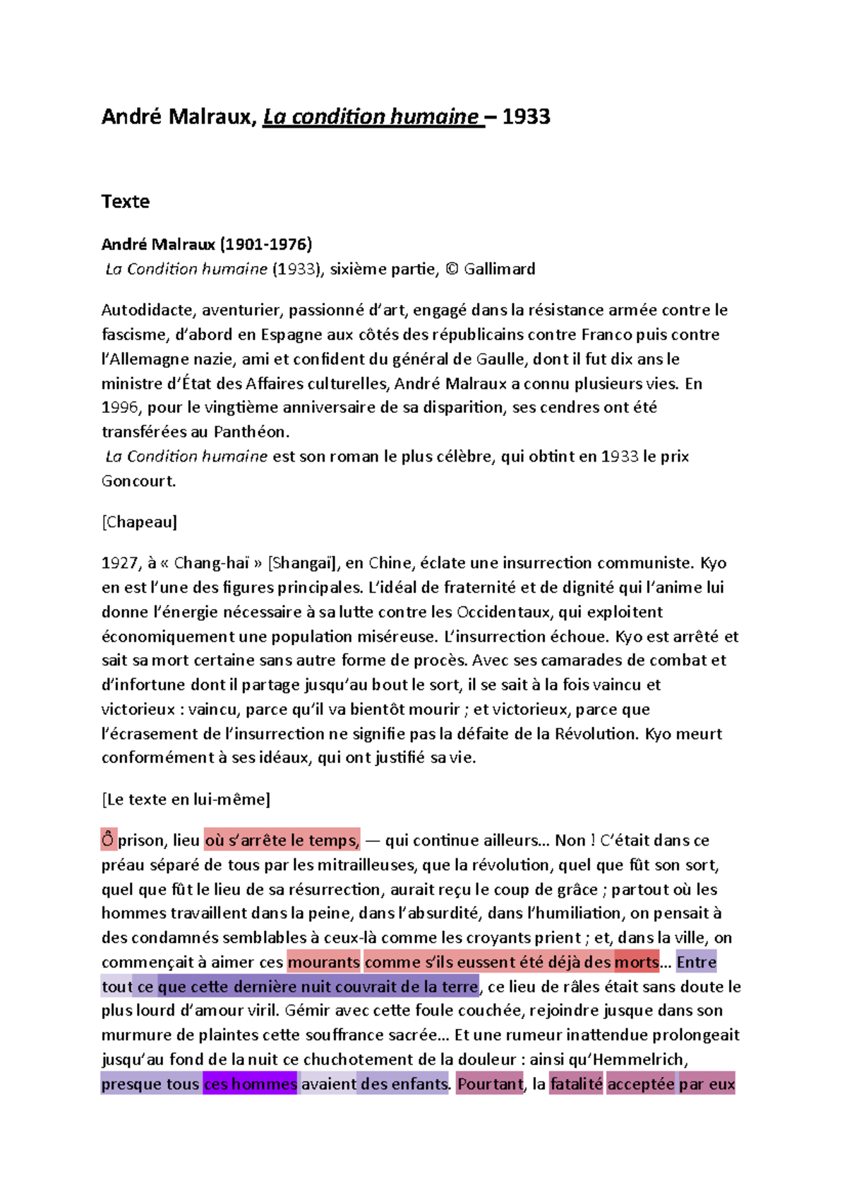 Analyse Linéaire de La Condition humaine (1933) - André Malraux - Studocu