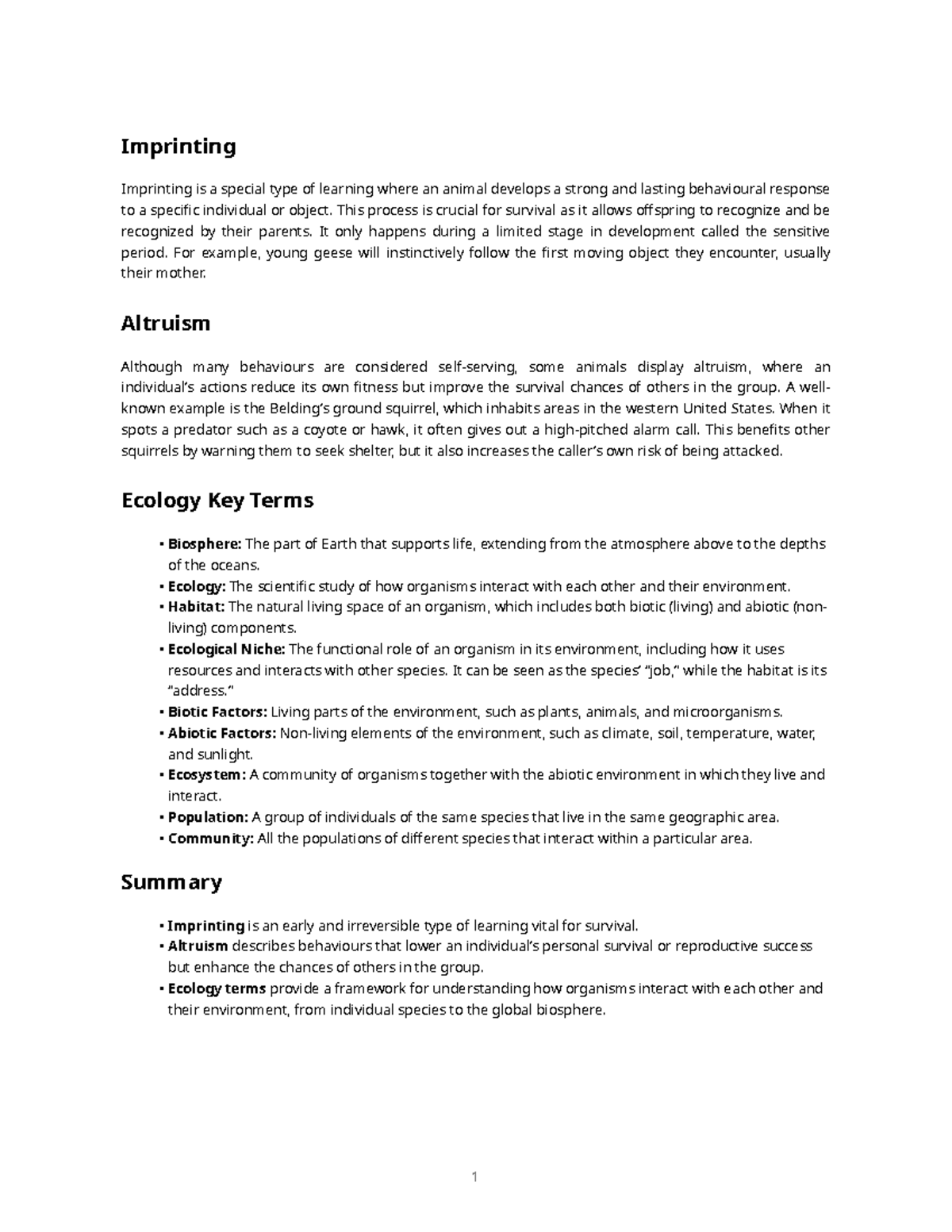 Animal Behaviour Notes: Imprinting, Altruism, and Ecology Terms - Studocu