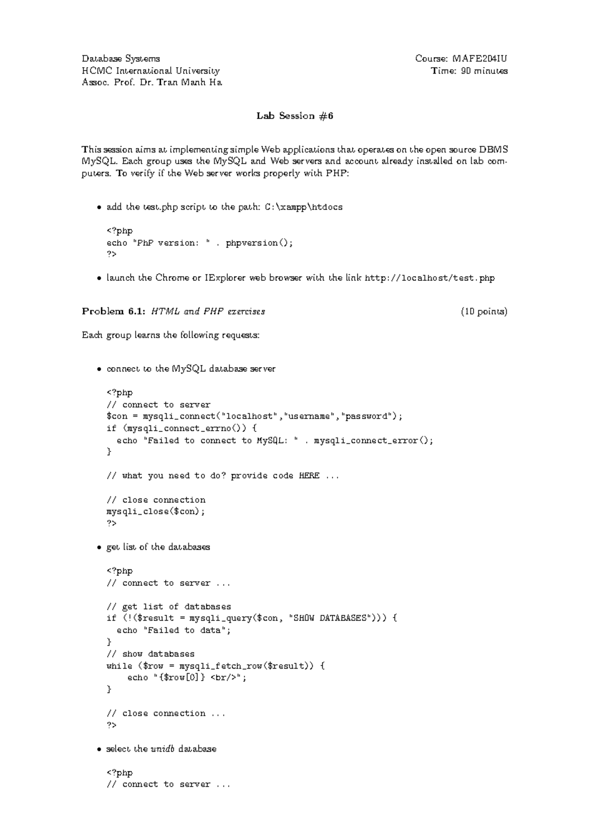 Database Systems Lab 6: PHP & MySQL Exercises MAFE204IU - Studocu