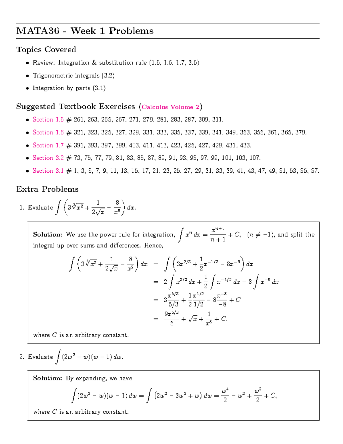 MATA36 Tutorial 01: Integration & Substitution Problems and Solutions ...