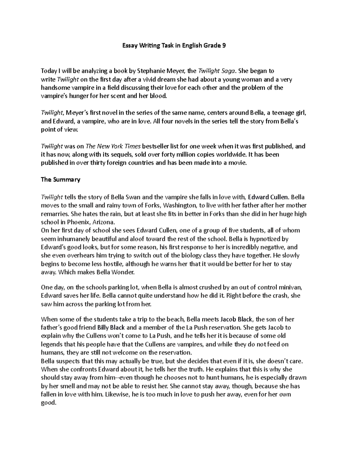 Essay Writing Task in English Grade 9 - She began to write Twilight on ...
