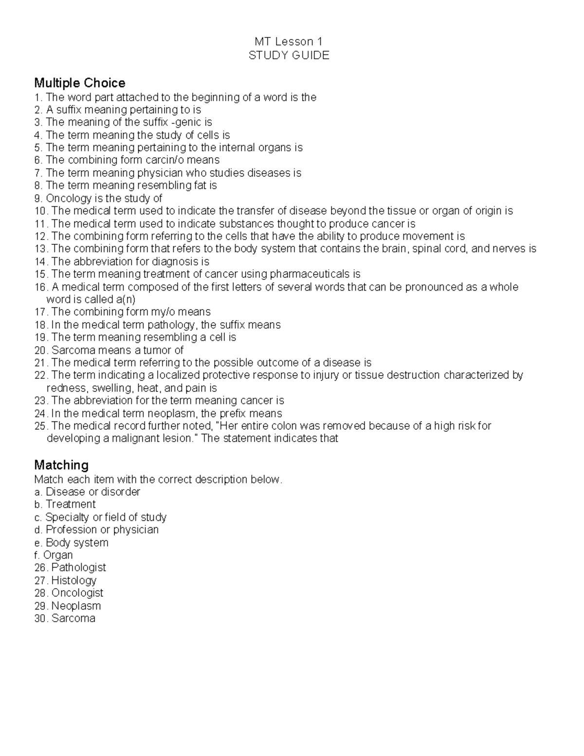 MT Lesson 1 Medical Terminology Study Guide: MC Questions - Studocu