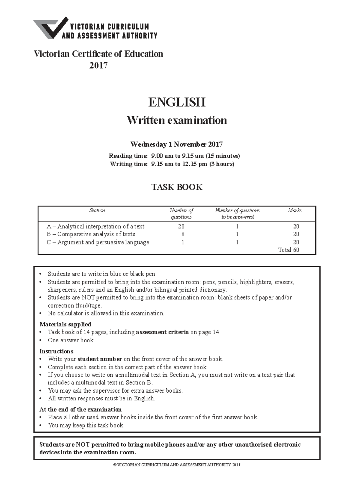 2017 VCE ENGLISH Written Exam Paper: Analytical & Comparative Tasks ...