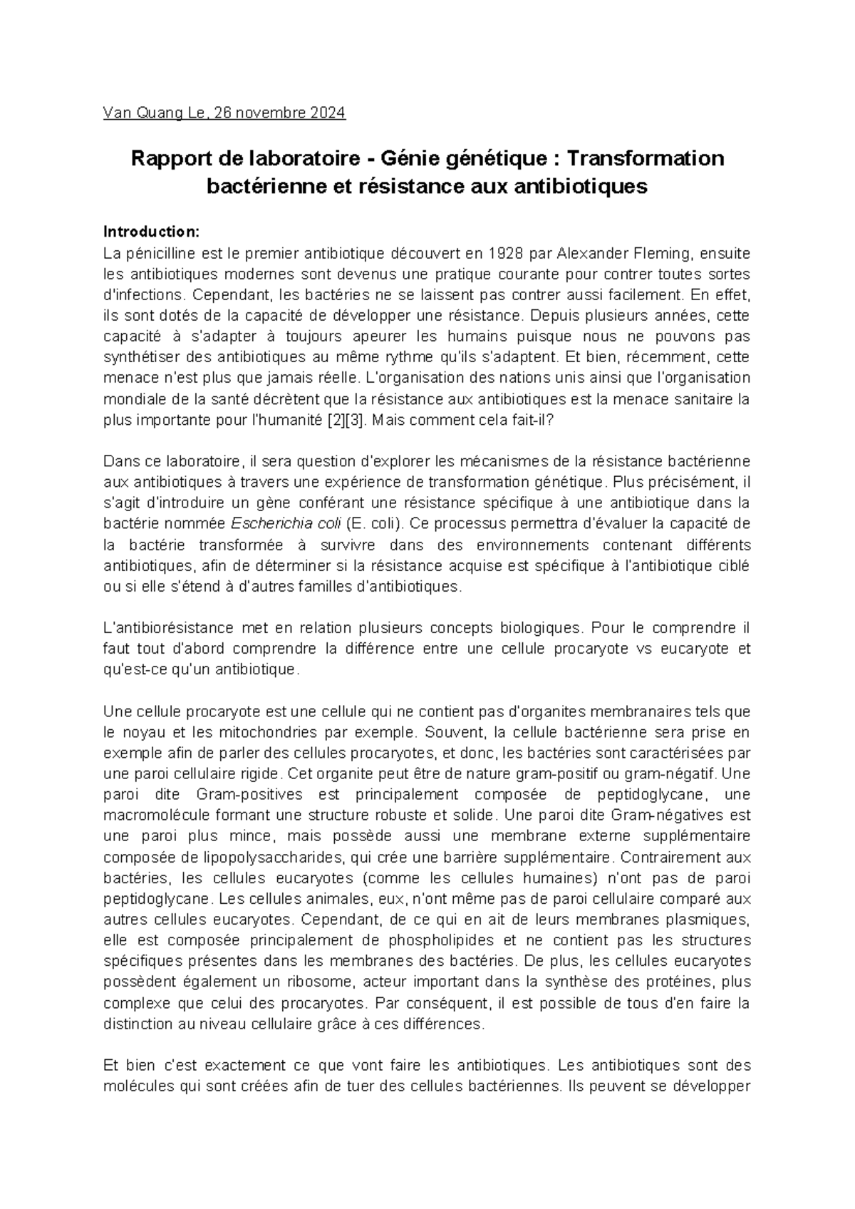 SN1 A24 Rapport de Laboratoire : Transformation Bactérienne et ...