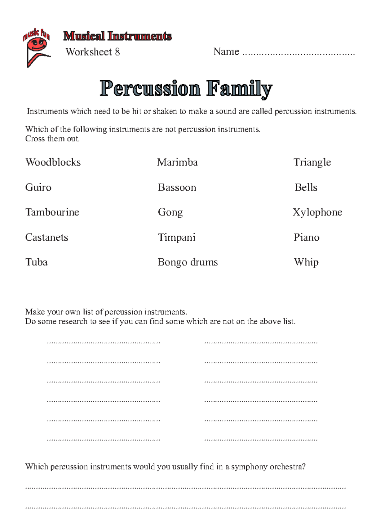 Percussion Family Instruments Worksheet 8: Identify & List - Studocu