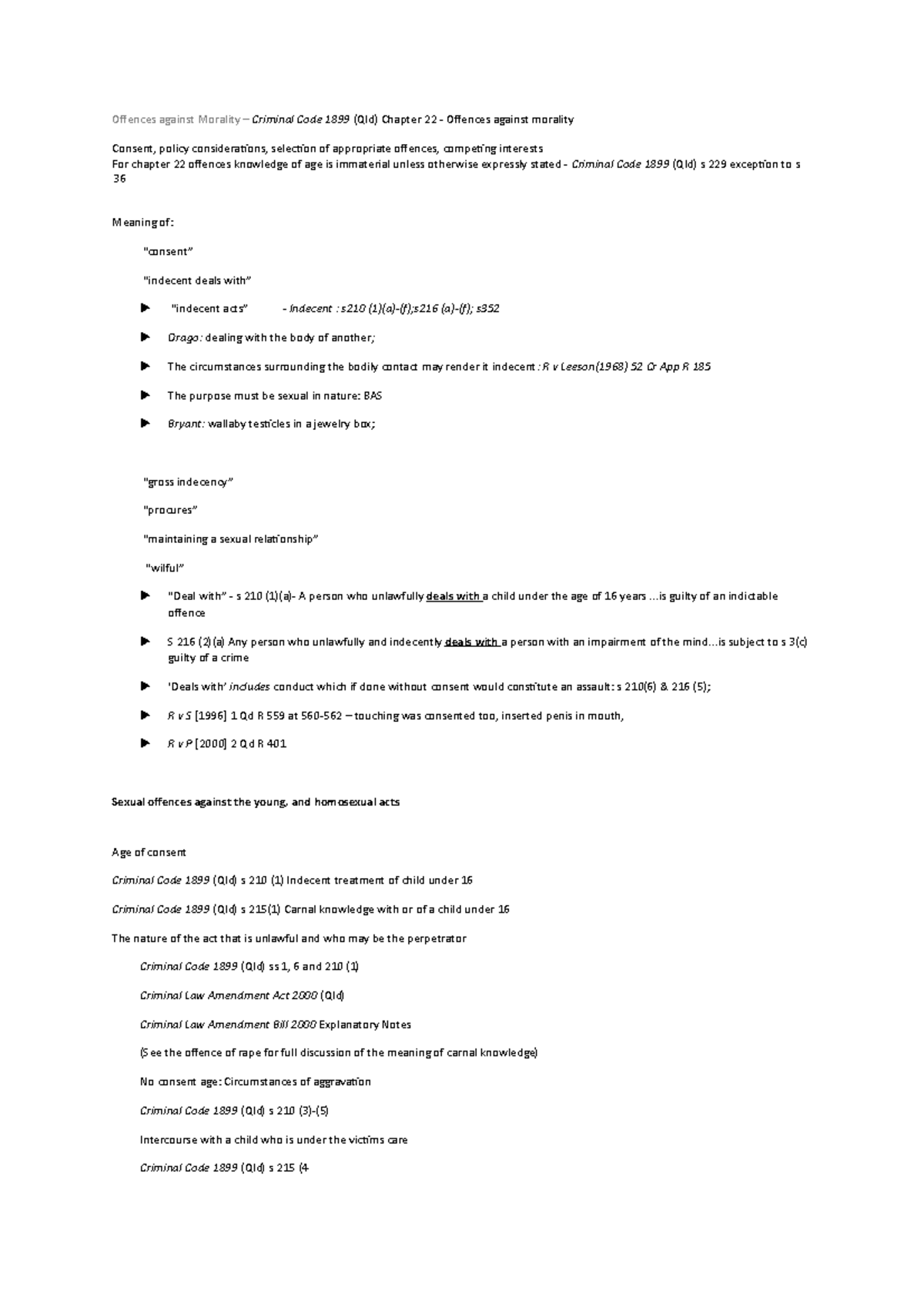 Criminal Law Notes: Offences Against Morality - Code 1899 (Qld) - Studocu