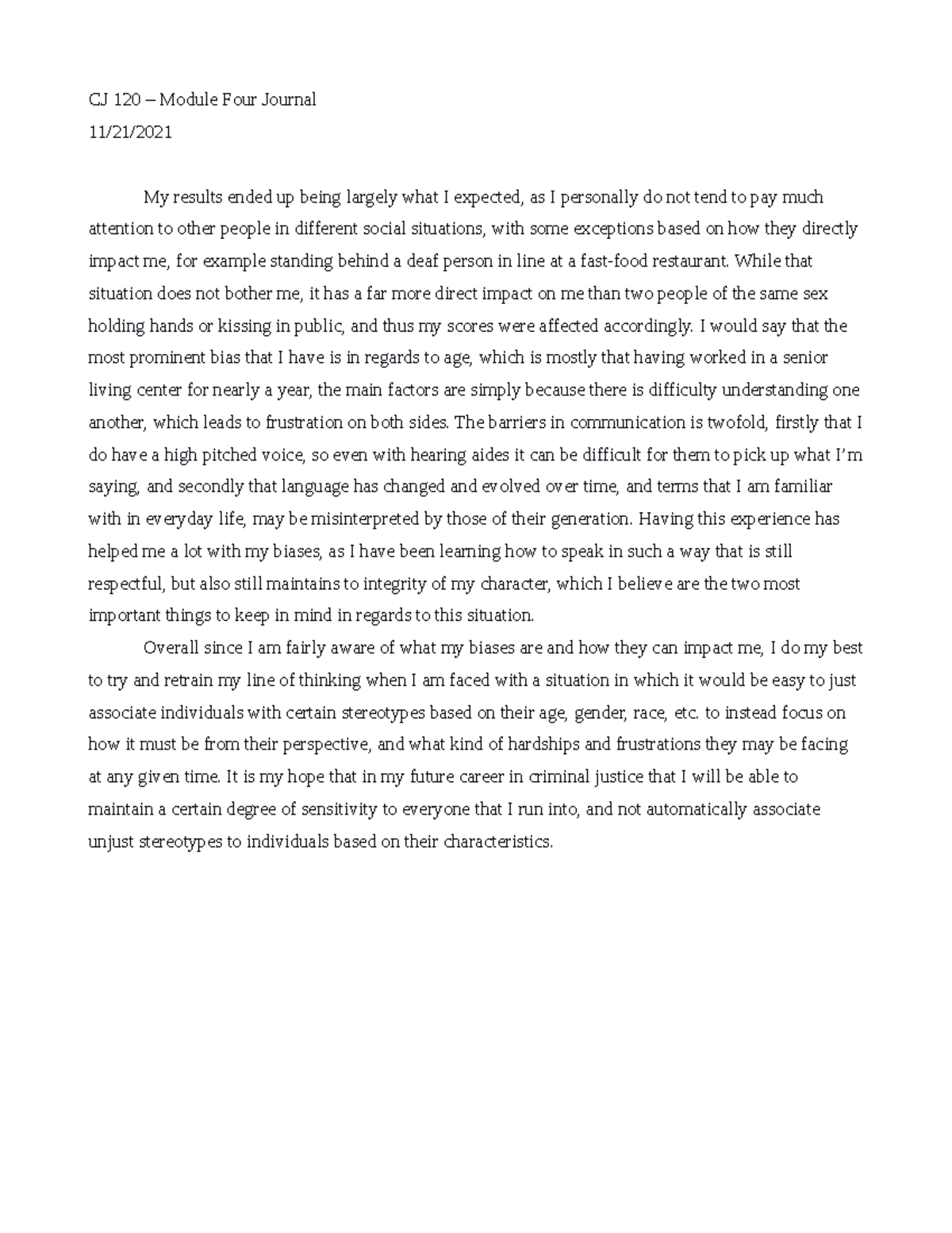 CJ 120 Module Four Reflection: Understanding Personal Biases - Studocu