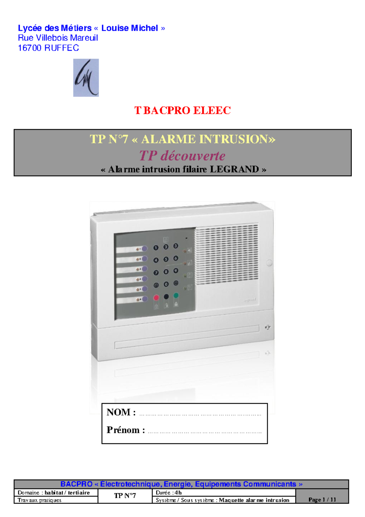 TP No7 Alarme Intrusion Filaire - BACPRO Électrotechnique - Studocu