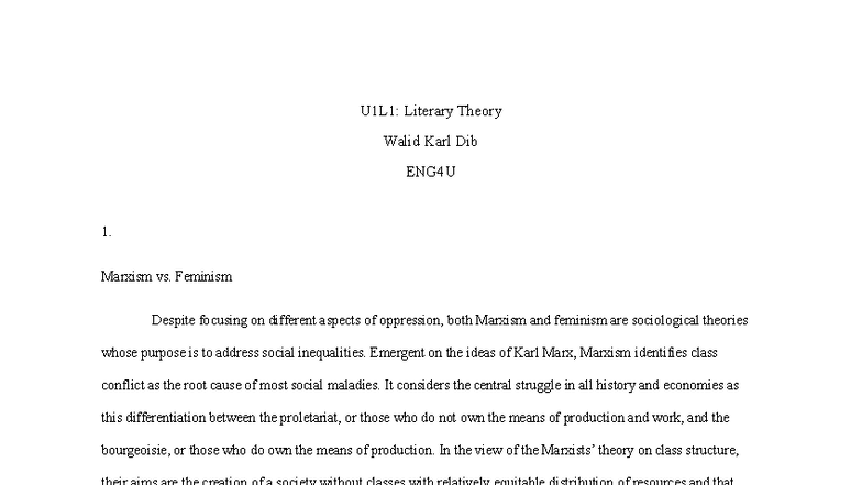 U1L1: Marxism vs. Feminism in Literary Theory - ENG4U Analysis - Studocu