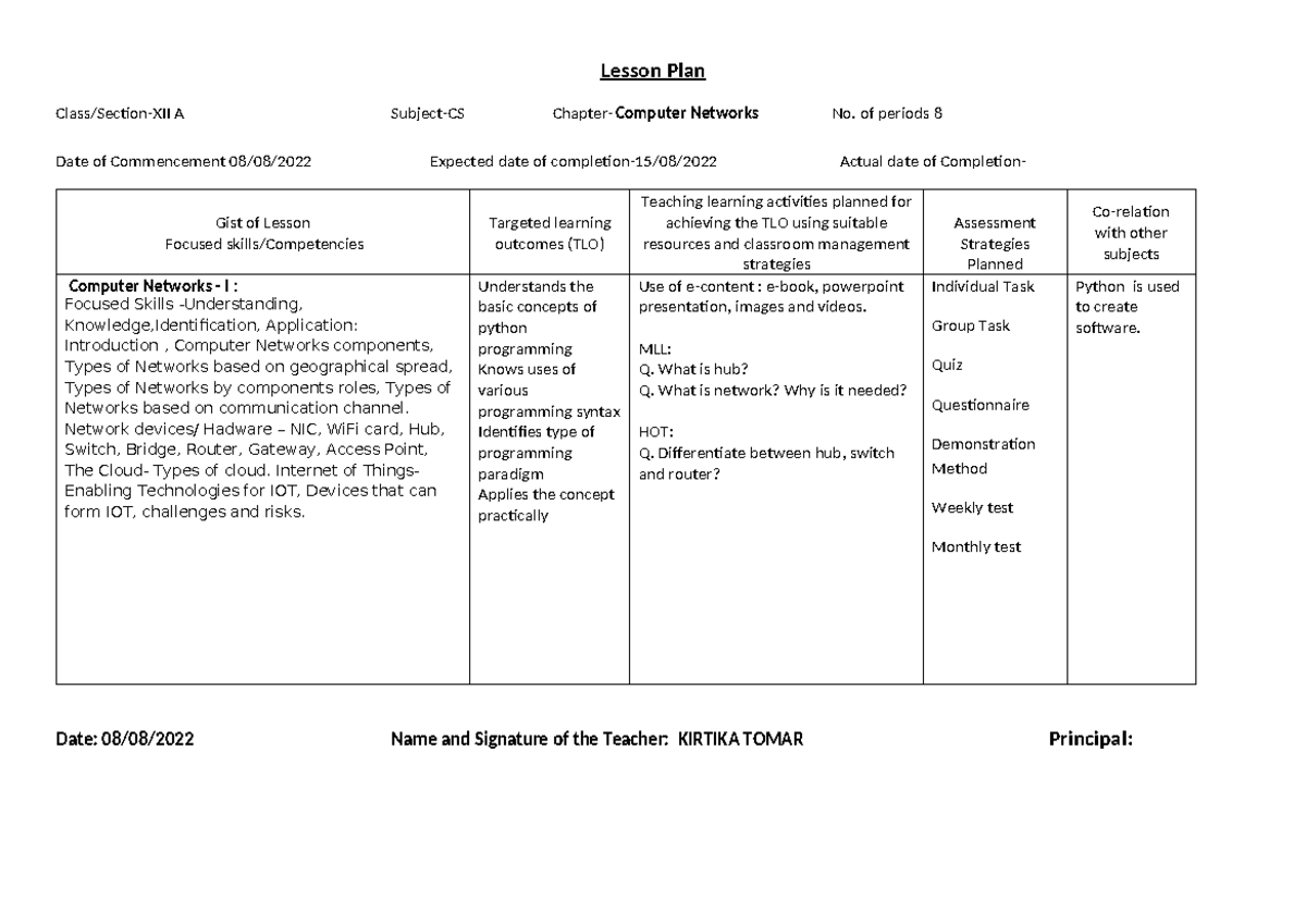 Lesson Plan - COMP Networks I: Focused Skills & TLOs - Studocu