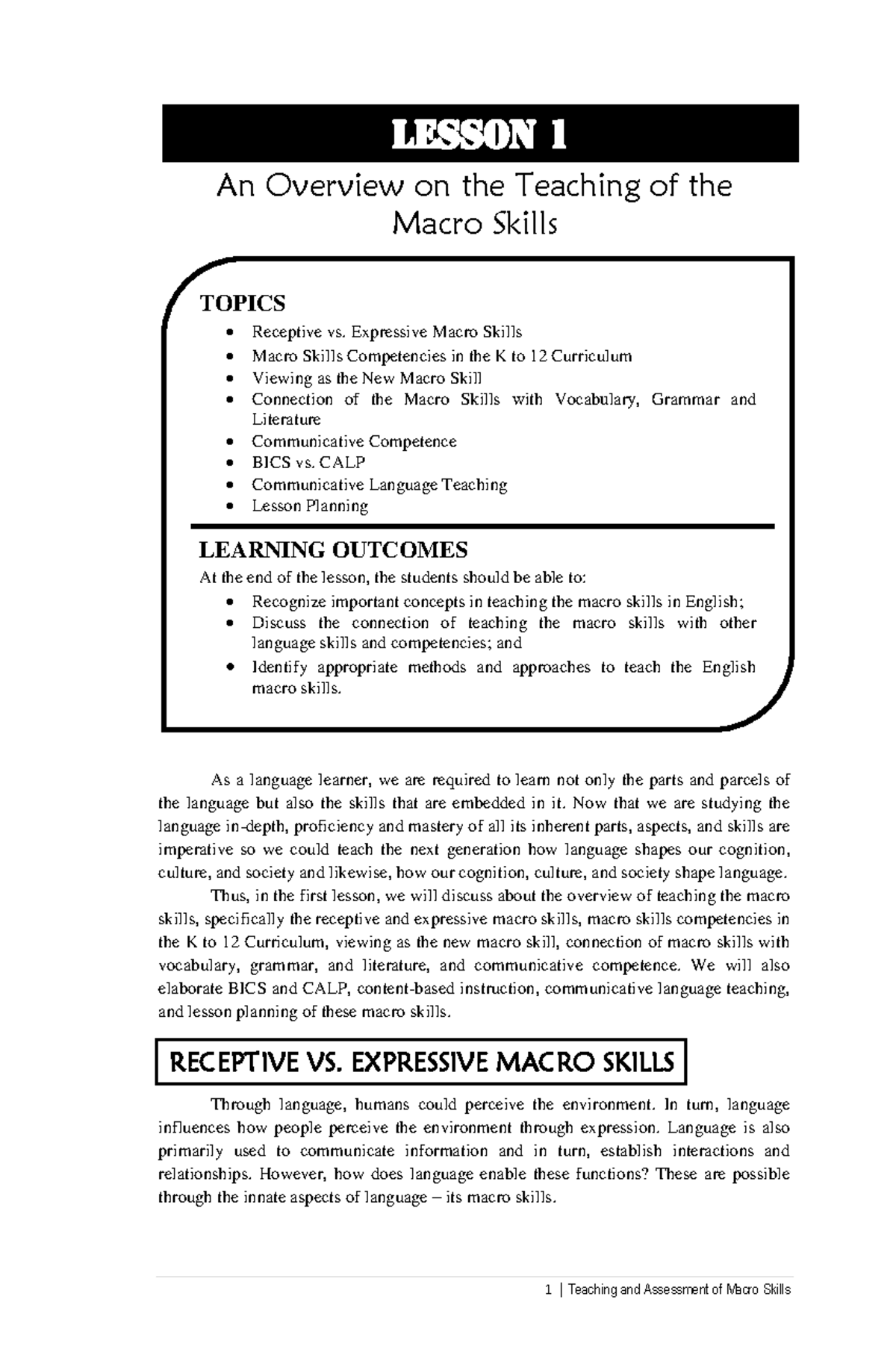 Ilide - Overview of Teaching Macro Skills in English (Lesson 1) - Studocu