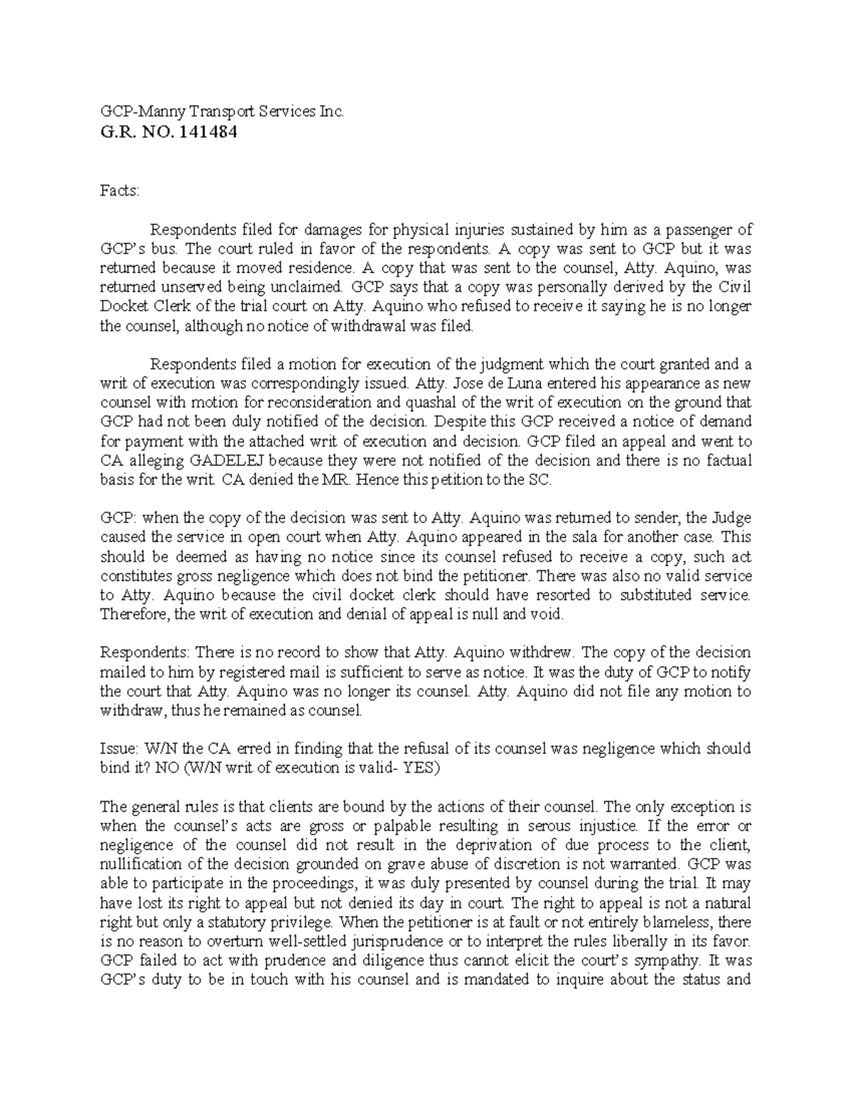 MANNY TRANSPORT v. PRINCIPE - GCP-Manny Transport Services Inc. G. NO ...