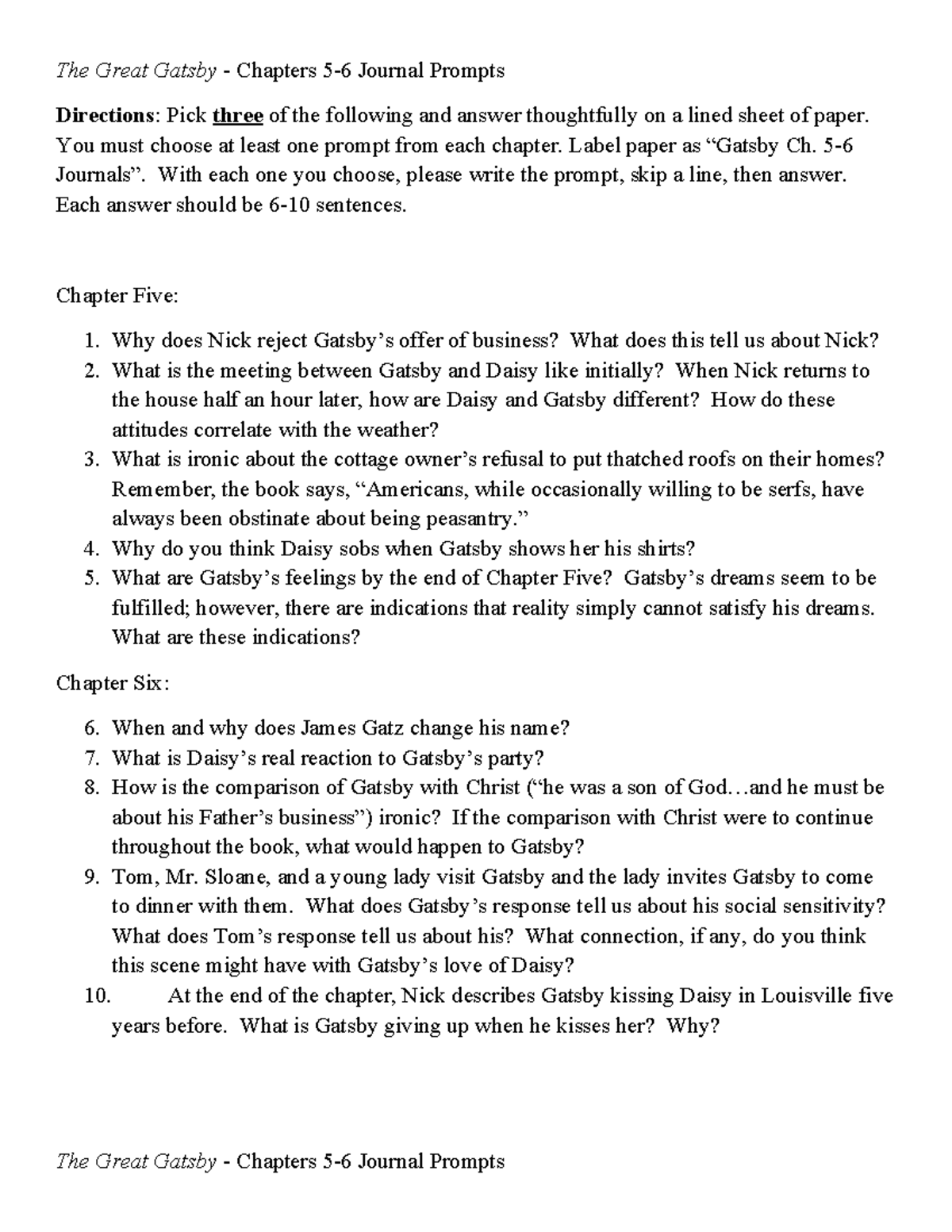 Gatsby (ENG 101) Ch. 5-6 Journal Prompts and Directions - Studocu