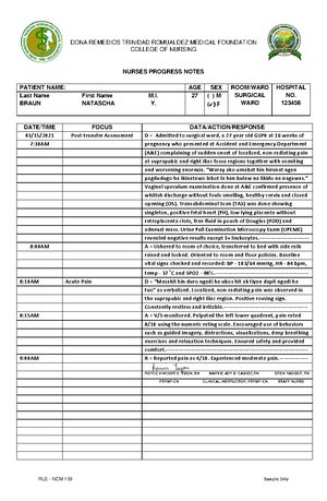 Tolentino (FDAR) - Nursing FDAR example - NAME OF PATIENT: CD Room/Ward ...