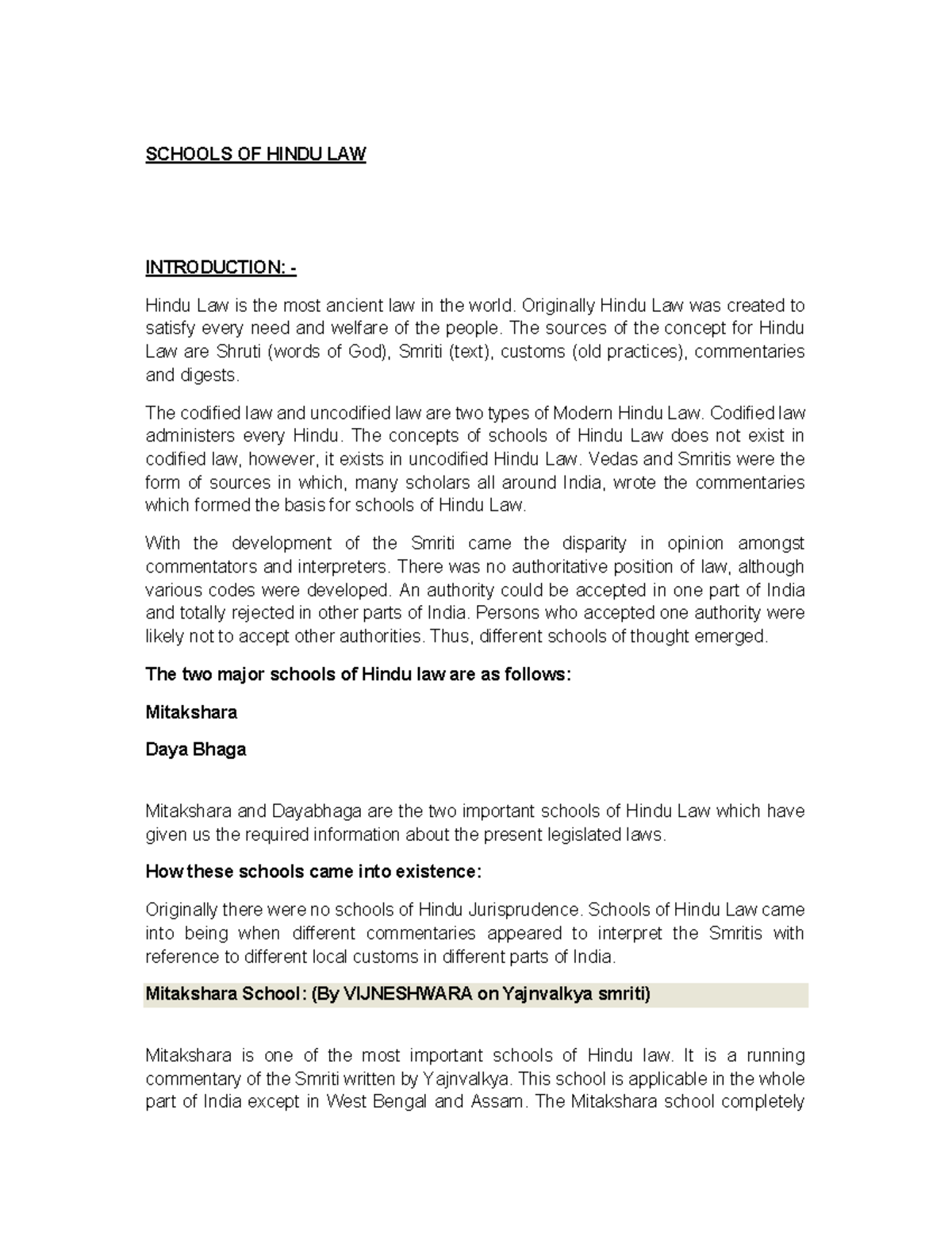 Schools of Hindu Law: An Overview of Mitakshara and Dayabhaga - Studocu