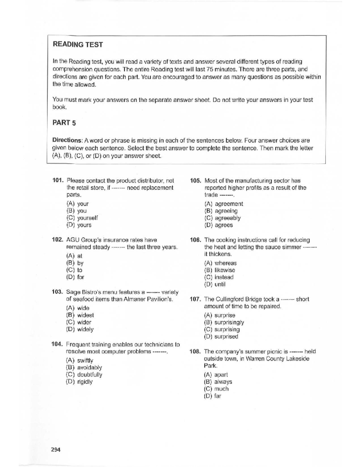 Reading test instructions and practice questions for test 10 - Studocu