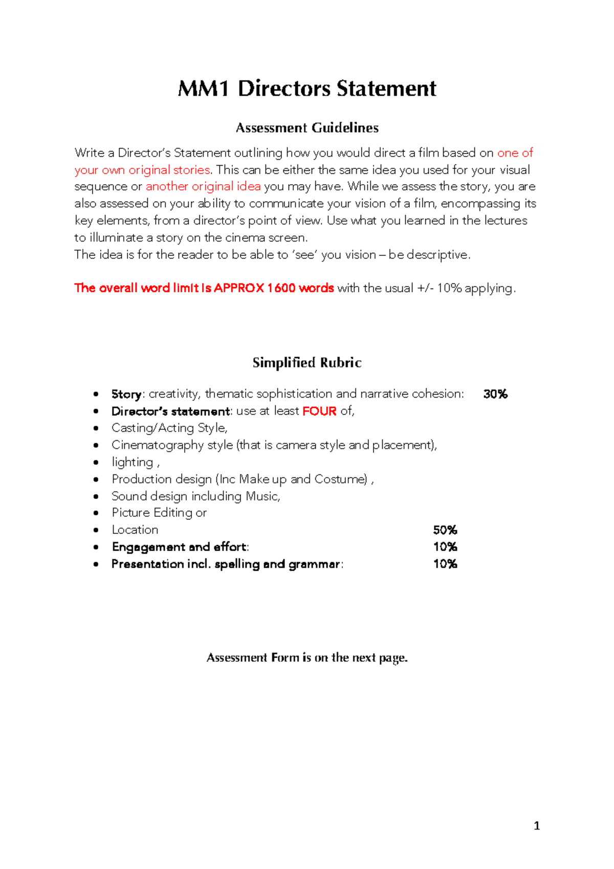 MM1 Directors Statement: Film Direction Assessment Guidelines - Studocu