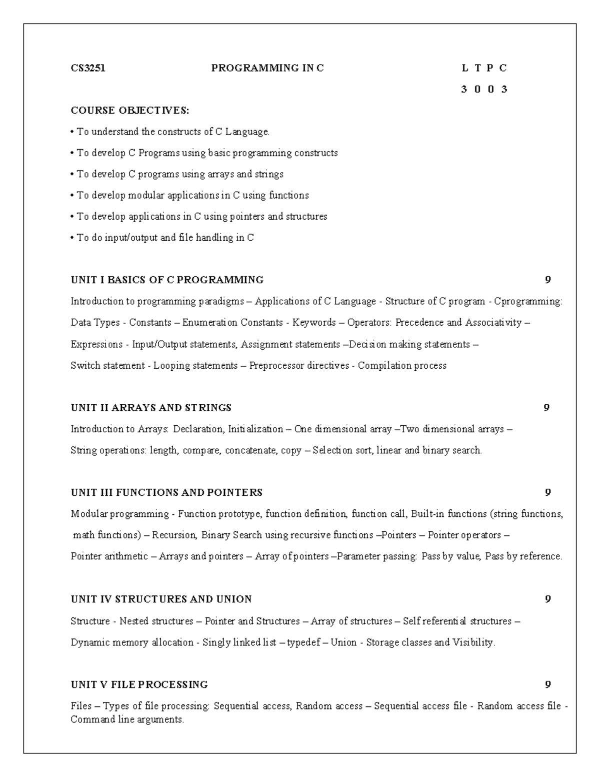 CS3251 Programming in C Syllabus & Course Objectives Overview - Studocu