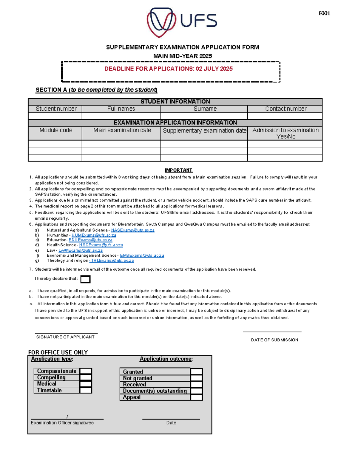 E001 Supplementary Exam Application Form Main Mid-Year 2025 - Studocu