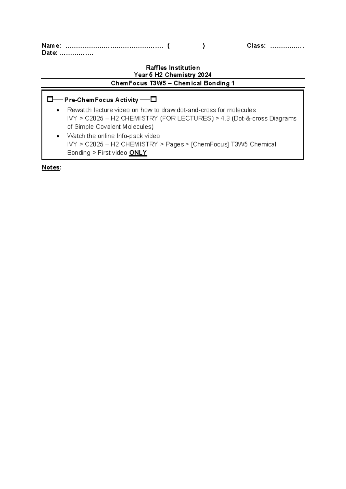 RI H2 Chemistry 2024 T3W5 Chemical Bonding I Remedial Notes - Studocu