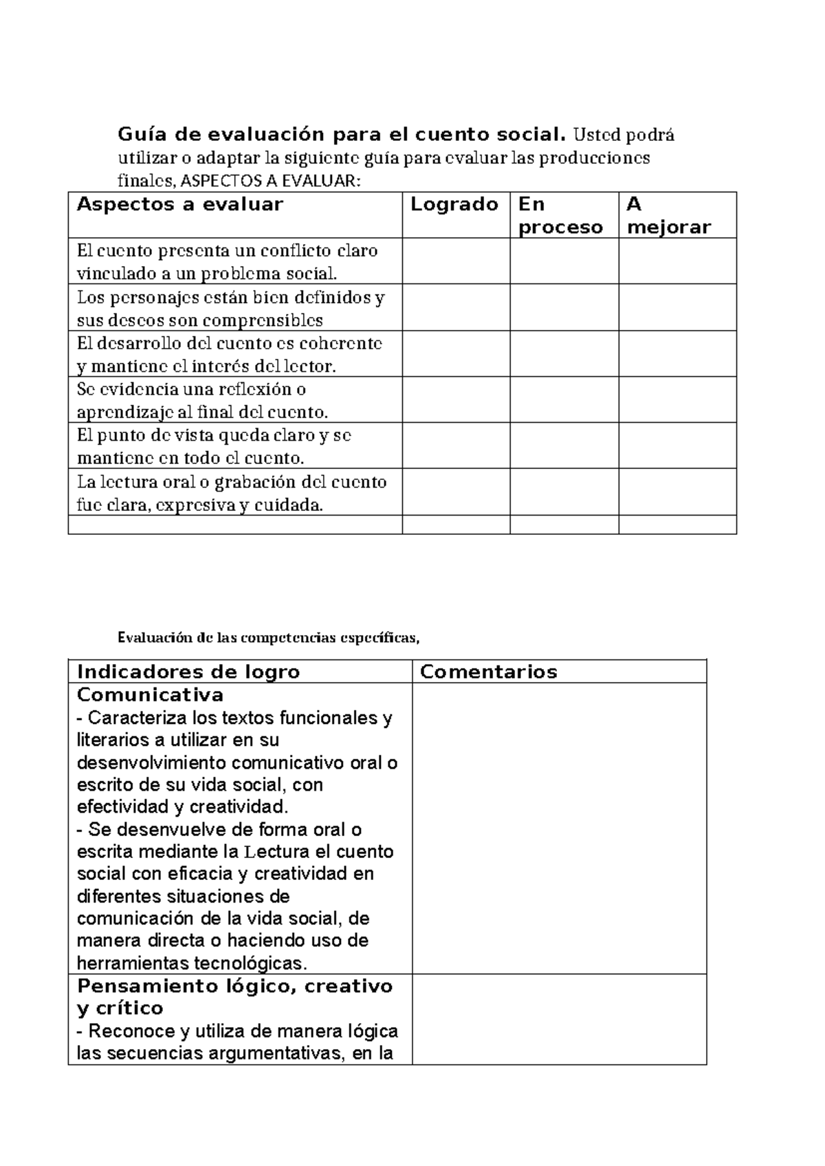 Guía de Evaluación para el Cuento Social - Aspectos Clave - Studocu