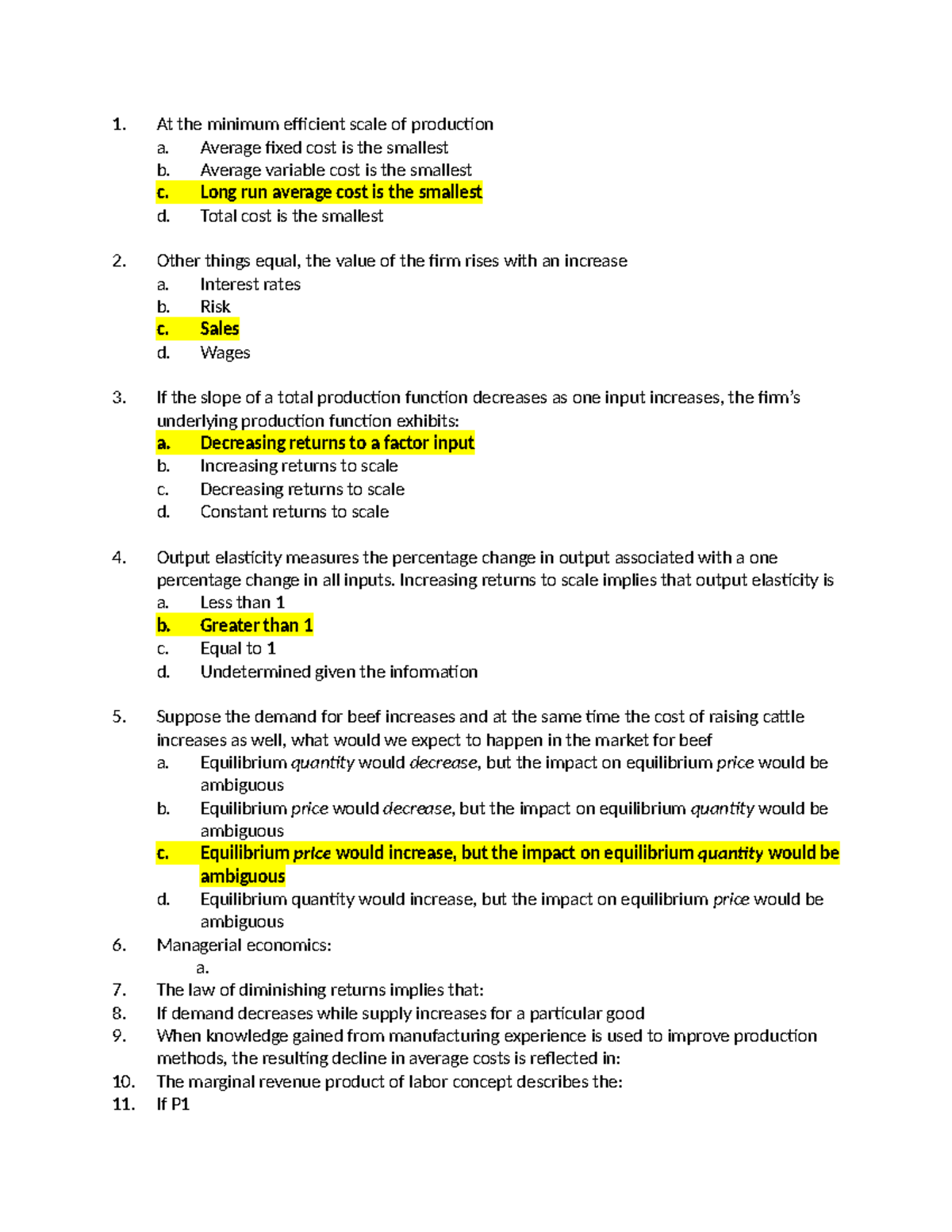 Midterm Exam Questions for Economics 101: Production & Market Analysis ...