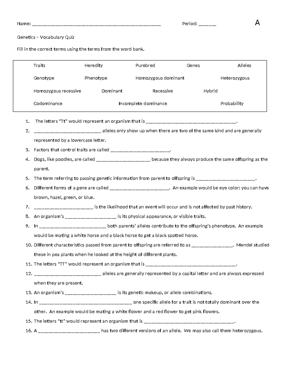 Basic Genetics Quiz-1 - REVIEW QUIZ - Name
