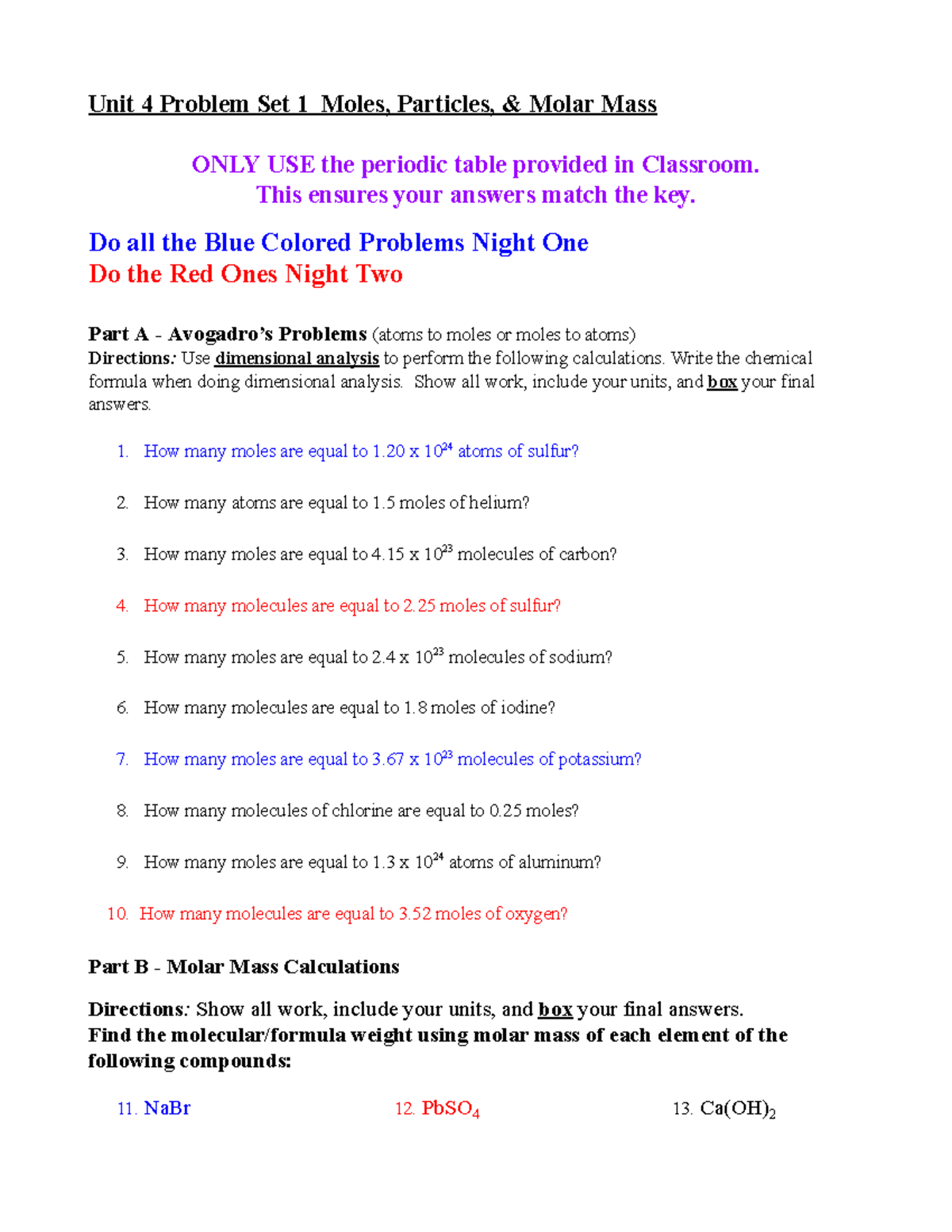 Unit 4 Problem Set: Moles, Particles & Molar Mass - Studocu