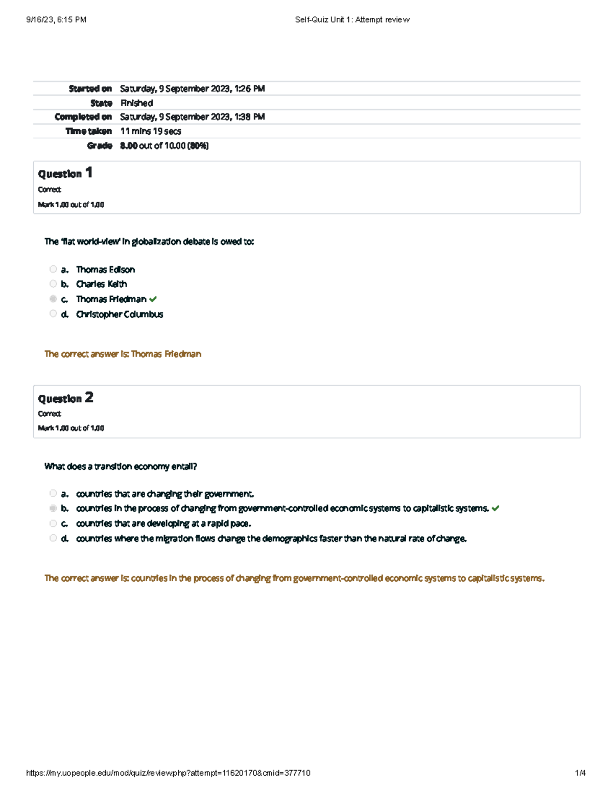 Self Quiz Unit 1 Attempt 1 Review Started On Saturday 9 September 2023 1 26 Pm State