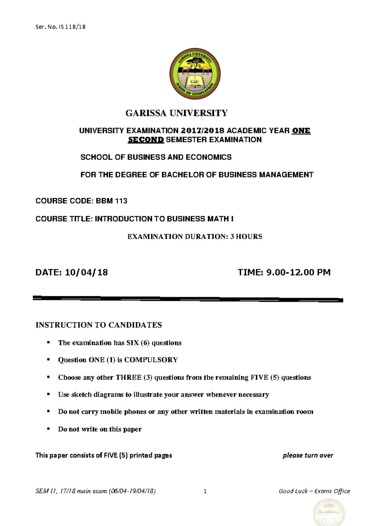 118-BBM 113 - Introduction to Business Math I - 2017/2018 Exam Paper ...