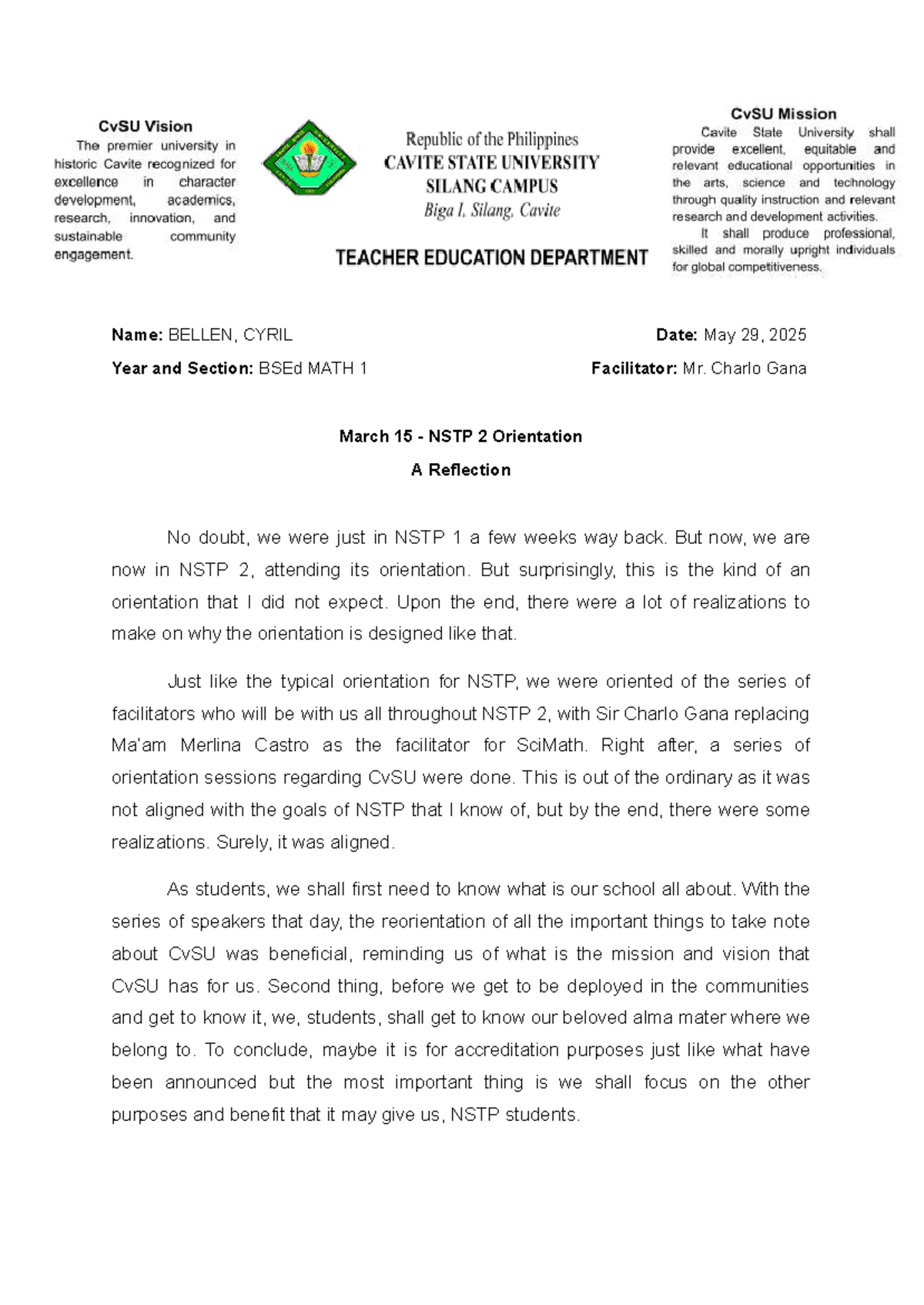 NSTP 2 Reflection: March 15 Orientation Insights - BSEd MATH - Studocu