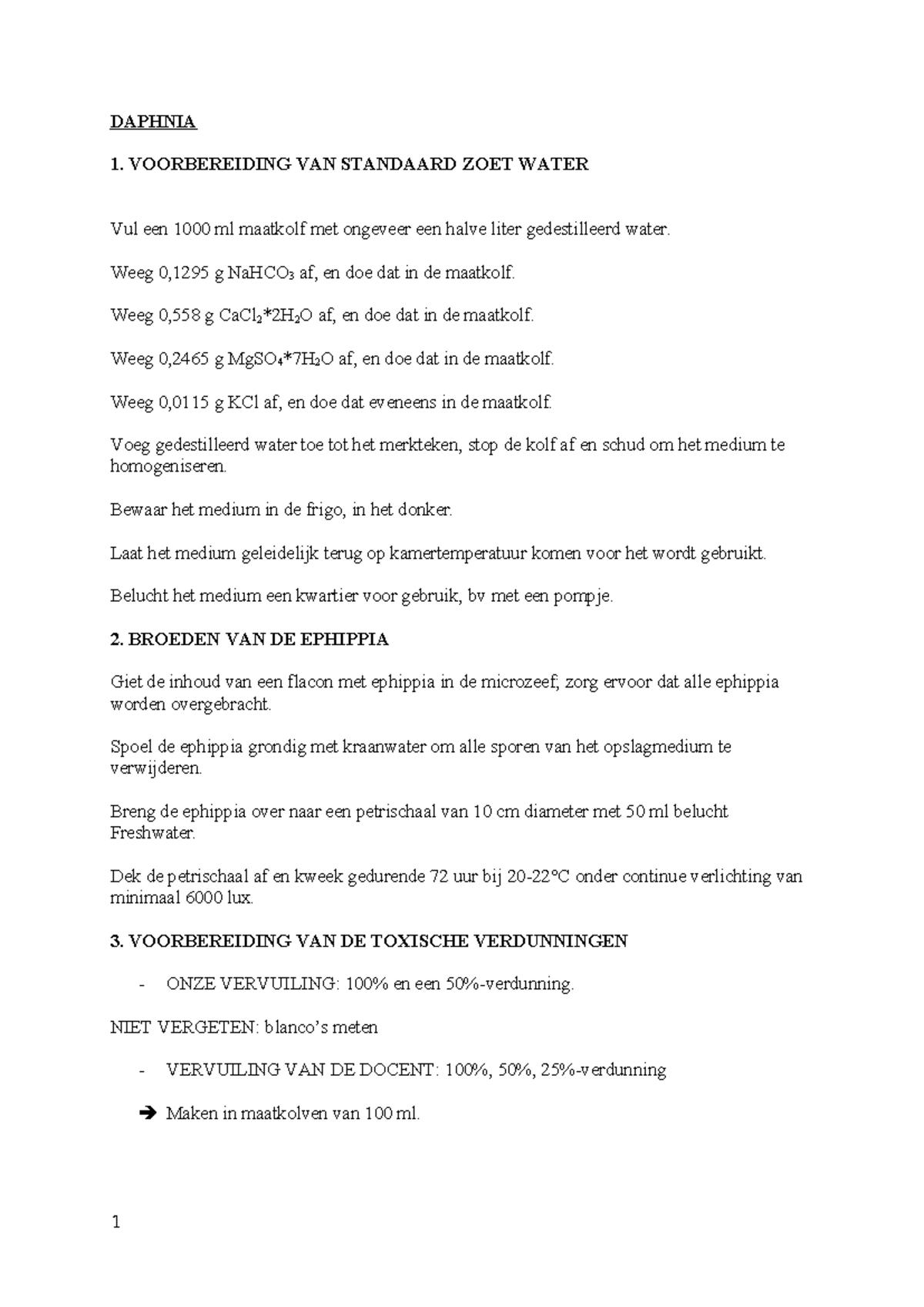 Stappenplan Ecotoxiciteitstest: Daphnia en Toxische Verdunningen - Studocu