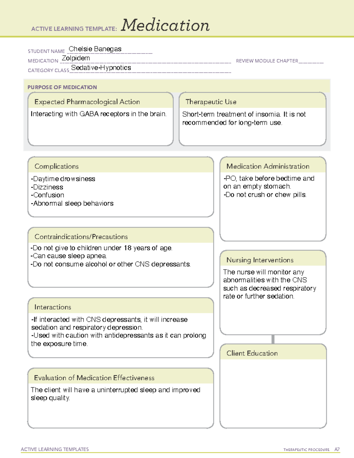 ACTIVE LEARNING TEMPLATE: Zolpidem Medication Review ALT A7 - Studocu
