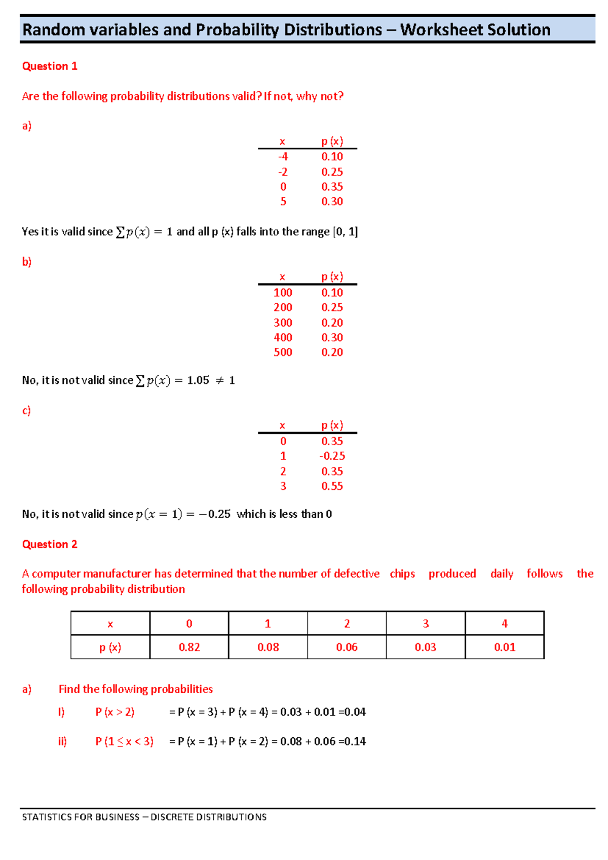 Activity 4 all Solutions - Random variables and Probability ...