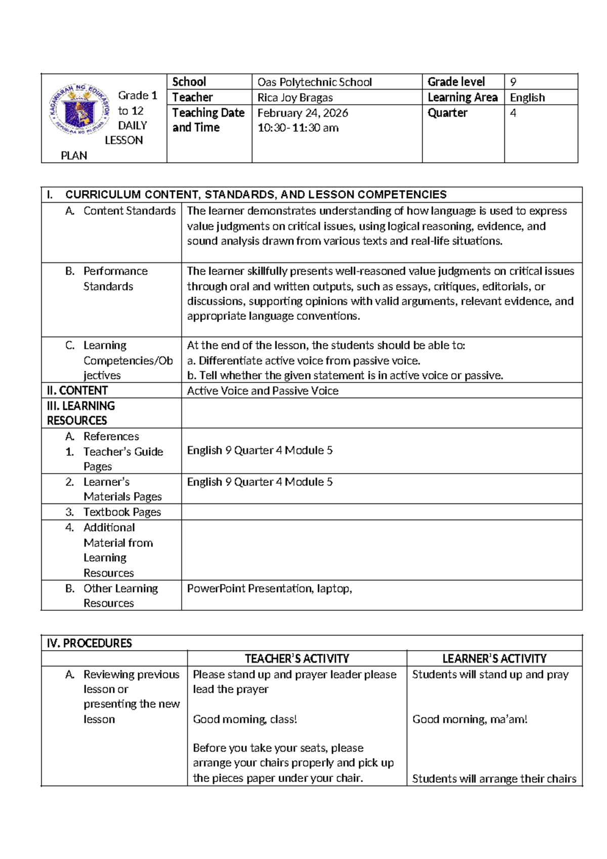 Grade 9 English Lesson Plan: Active vs. Passive Voice (Quarter 4) - Studocu