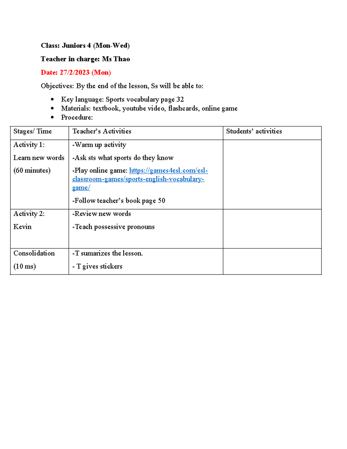 Lesson Plan: Sports Vocabulary - Juniors 4 with Ms Thao - Studocu