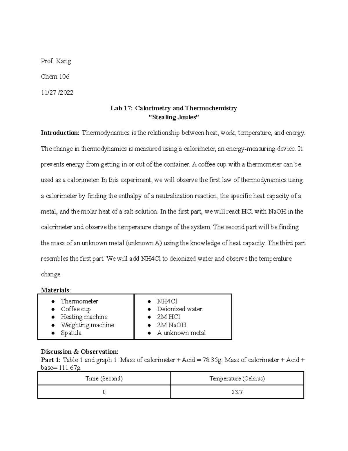Chem 106 Lab 17 Report: Calorimetry & Thermochemistry Analysis - Studocu