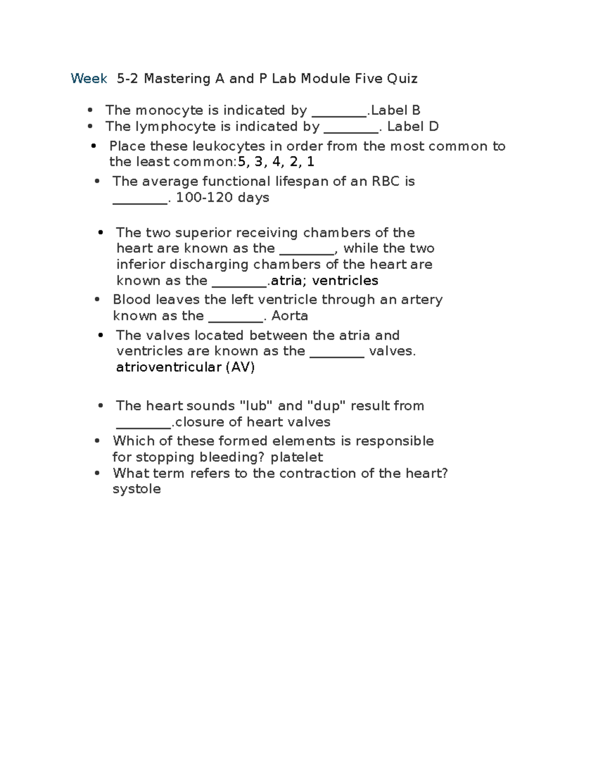 A&P Lab Quiz Module 5 (Week 5-2) Study Guide and Answers - Studocu