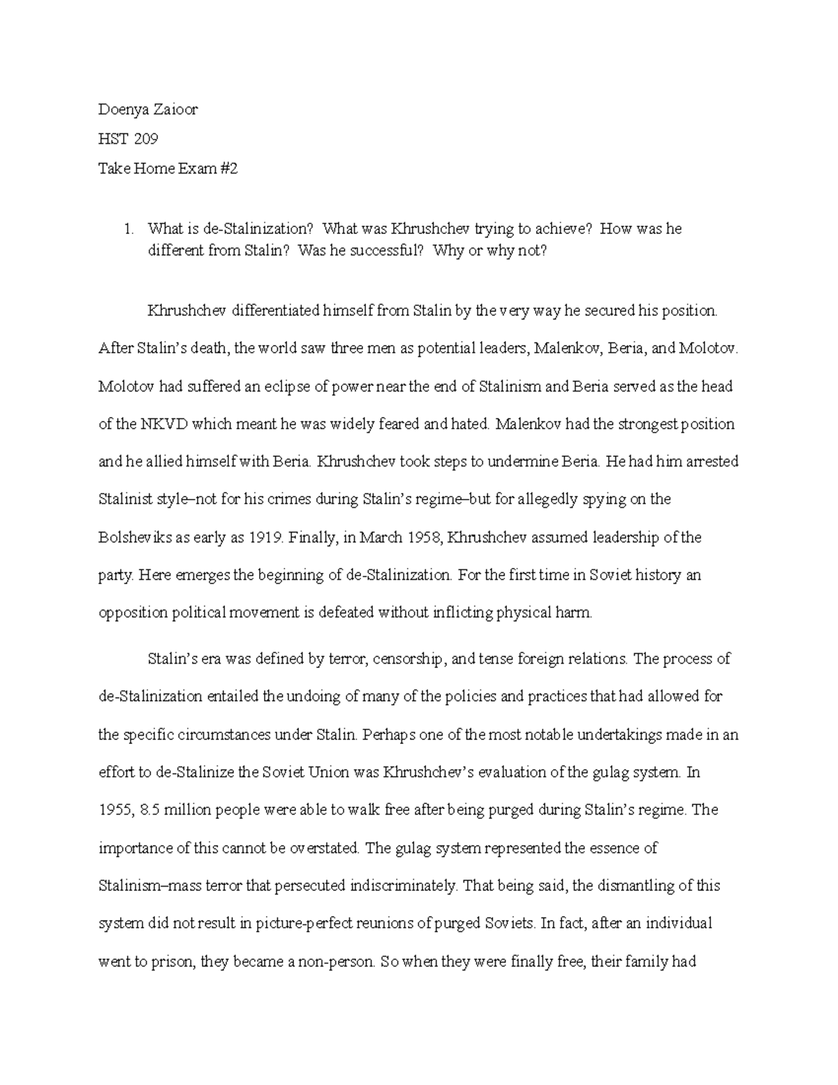 HST 209 Take Home Exam #2: Khrushchev vs. Stalin and Soviet Reforms ...